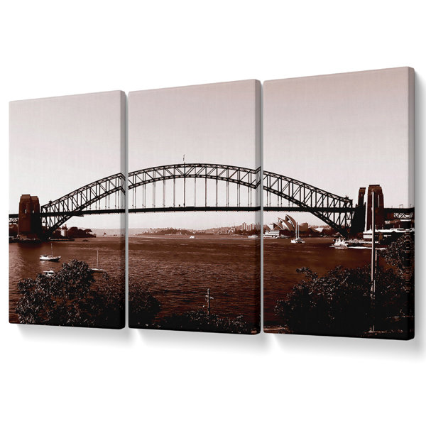 Ebern Designs Sydney Harbour Bridge Brown 3 Piece Wrapped Canvas Art